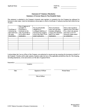 Fillable Online Statement of Voluntary Dissolution Summary of License ...