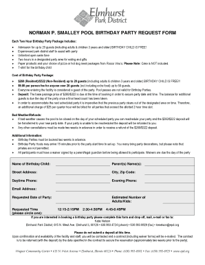 Fillable Online Norman P. Smalley Pool Birthday Parties - Elmhurst Park ...