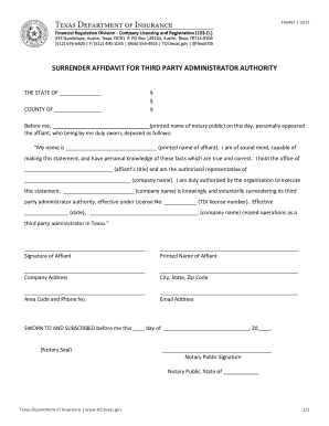 Fillable Online Surrender Affidavit for Third Party Administrator ...
