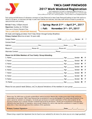 Fillable Online ymcachgo 3cdn YMCA CAMP PINEWOOD 2017 Work Weekend ...