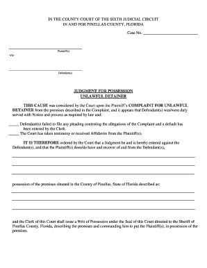 Fillable Online judgment for possession unlawful detainer - Pinellas ...