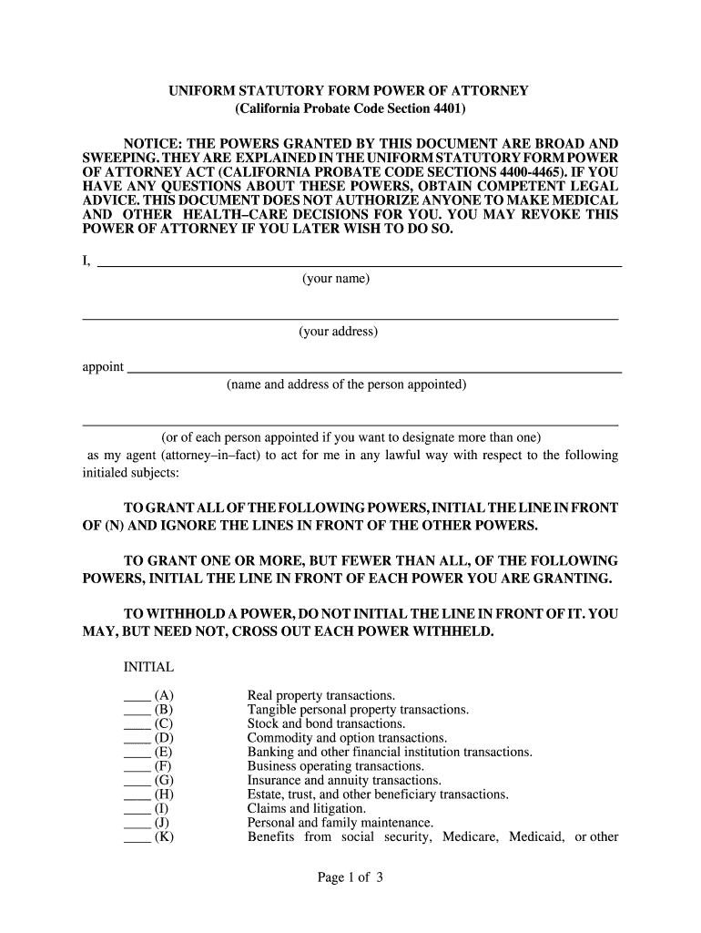 Fillable Online NOTICE: THE POWERS GRANTED BY THIS DOCUMENT ARE BROAD ...