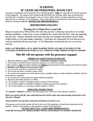 Fillable Online WARNING 45' GENIE S45 PERSONNEL BOOM LIFT ... - A Tool ...