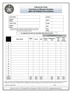 Fillable Online N-Sports Rec Center Team Roster and Manager Information ...