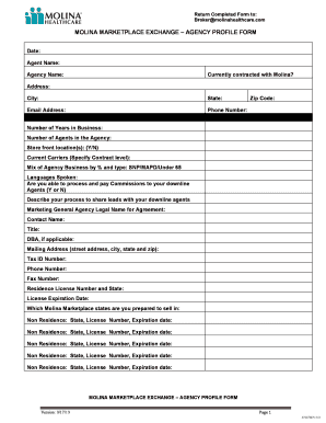 Fillable Online molina marketplace exchange agency profile ... - Molina ...