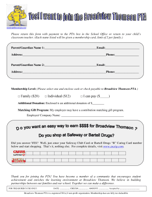 Fillable Online pta membership form 2010 - 2011 - Broadview Thomson PTA ...