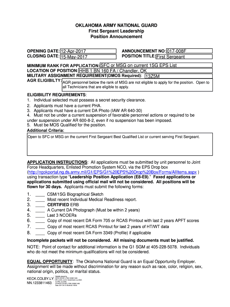 Fillable Online OKLAHOMA ARMY NATIONAL GUARD First Sergeant Leadership ...