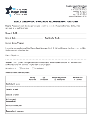 Fillable Online Early Childhood Recommendation Form - Magen David ...