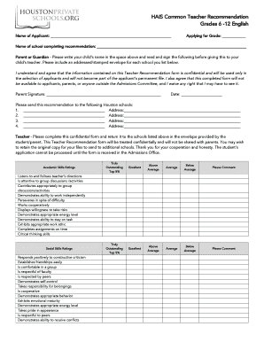 Fillable Online HAIS Common Teacher Recommendation - Grades 6-12 ...