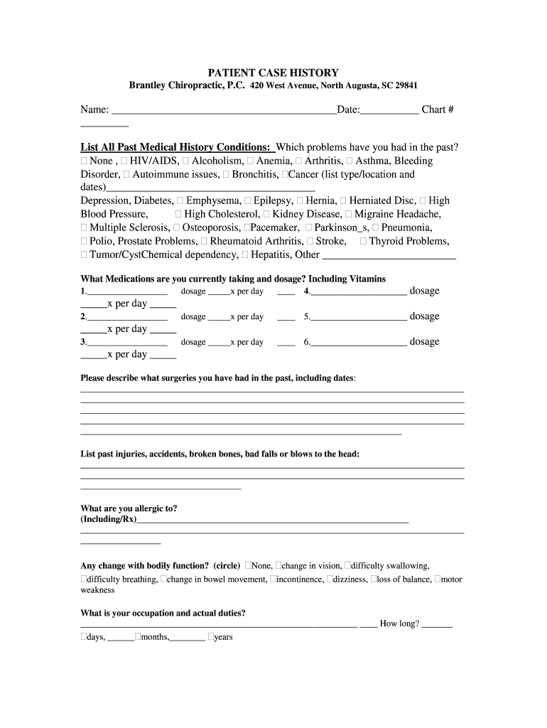 Fillable Online PATIENT CASE HISTORY Name - Brantley Chiropractic, PC ...