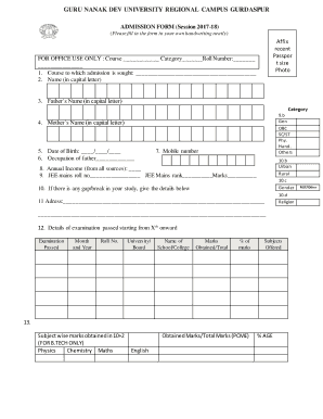 Fillable Online Admission Form 2017 - GNDU RC Gurdaspur Fax Email Print ...