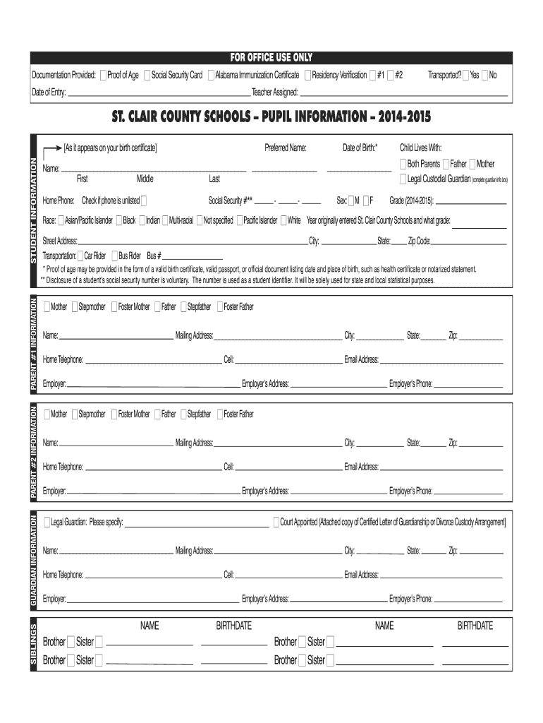 Fillable Online ST. CLAIR COUNTY SCHOOLS PUPIL INFORMATION 2014-2015 ...