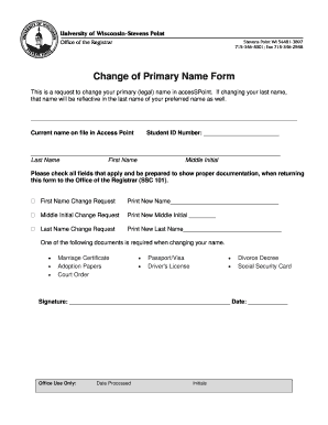 Fillable Online Change of Primary Name Form - UWSP Fax Email Print ...