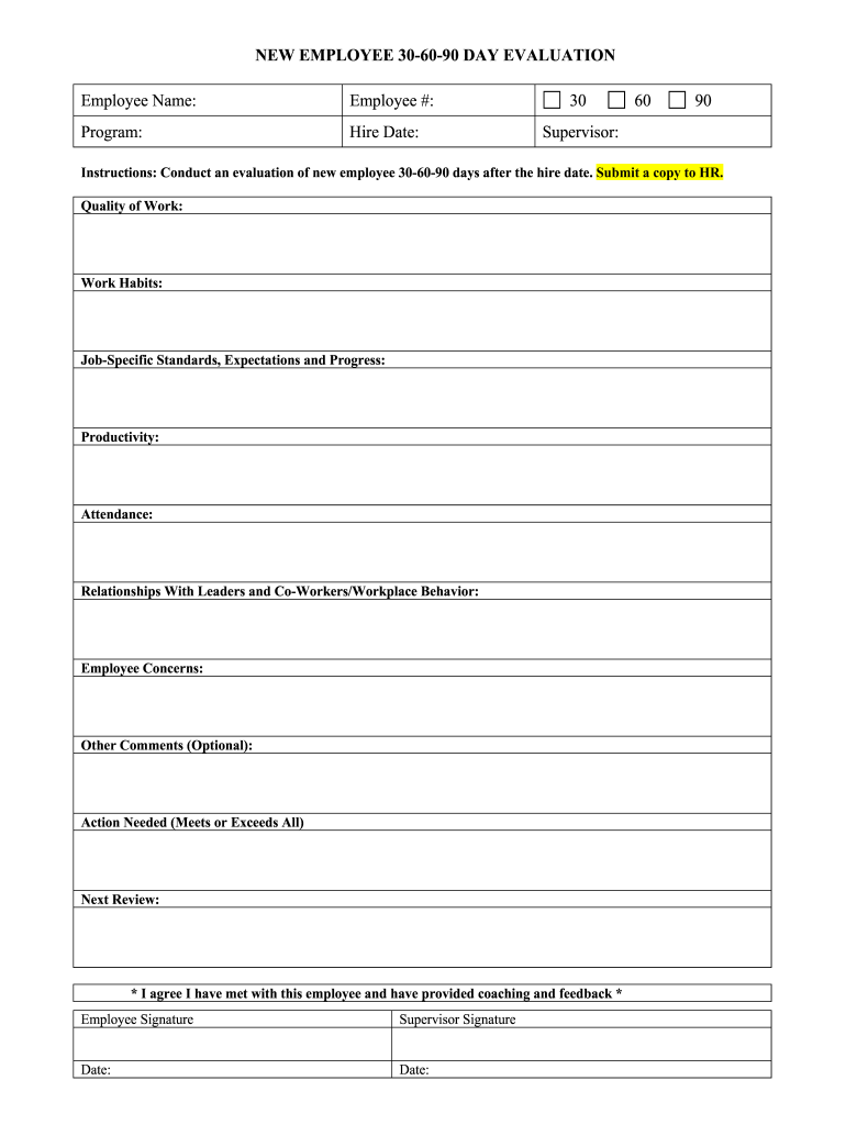 30 60 90 Day Employee Performance Review Template