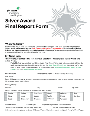 Fillable Online girl scout silver award final report form - Girl Scouts ...