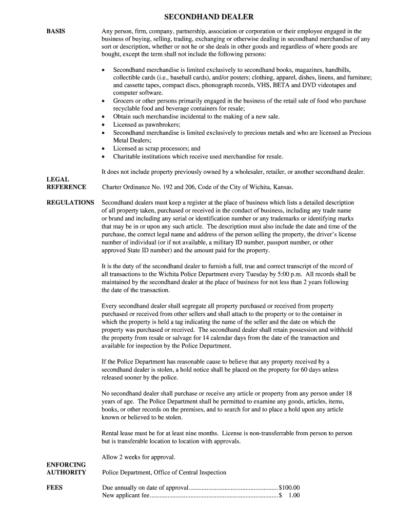 Fillable Online Secondhand Dealer Information Sheet. Business Licenses ...