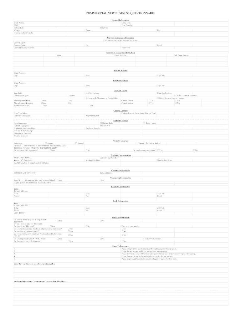 Fillable Online COMMERCIAL NEW BUSINESS QUESTIONNAIRE Fax Email Print ...