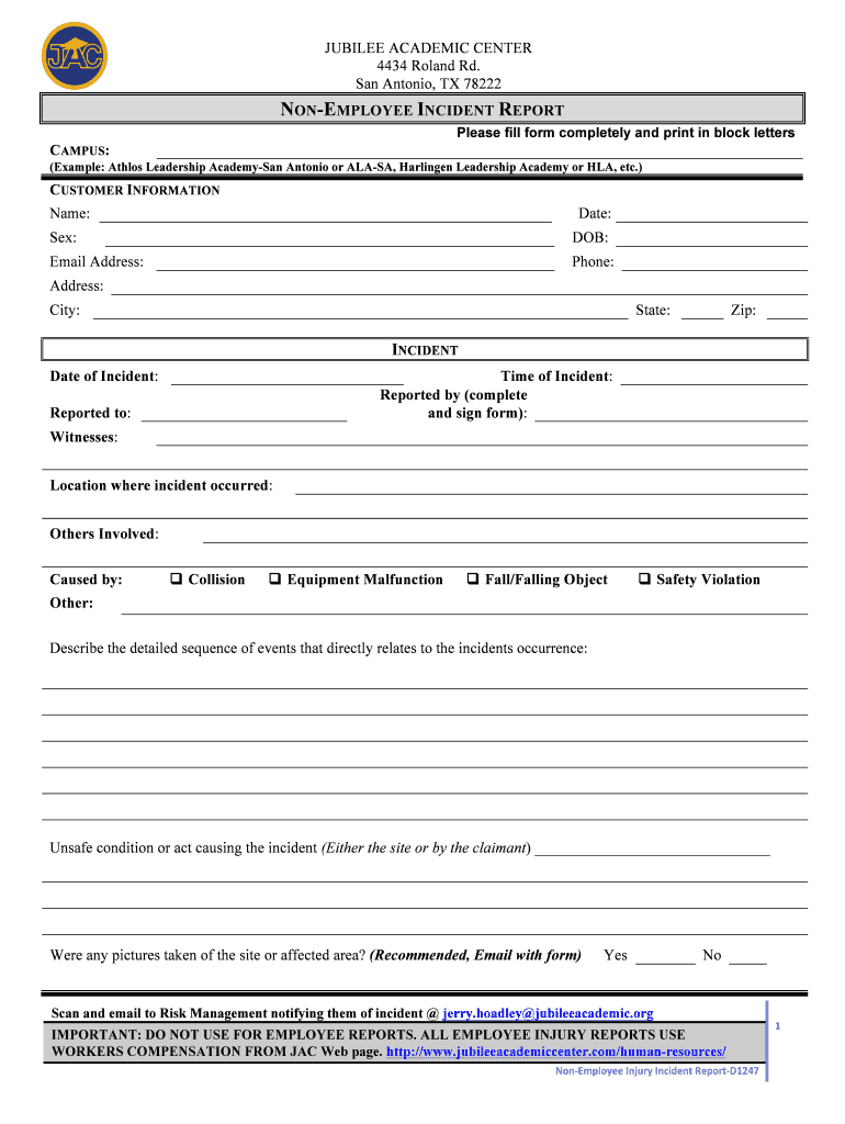 Fillable Online Non-Employee Incident Report - Jubilee Academic Center ...