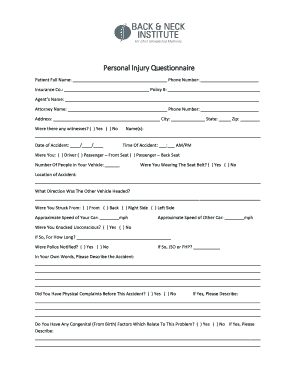 Fillable Online Personal Injury Questionnaire - The Back and Neck ...