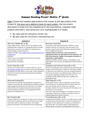 Fillable Online Summer Reading Project Matrix- 5th Grade Fax Email ...