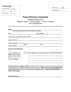 Fillable Online Diploma Order Form - Texas Woman's University Fax Email ...