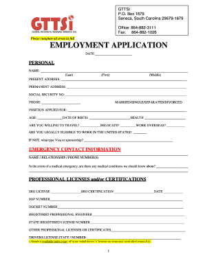 Fillable Online P EMPLOYMENT APPLICATION - GTTSi Fax Email Print ...