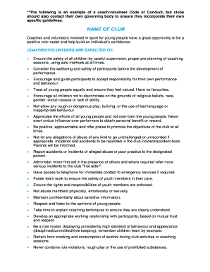 Fillable Online **The following is an example of a coach/volunteer Code ...