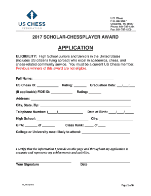 Fillable Online 2017 Scholar-Chessplayer Application - US Chess Fax ...