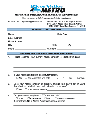 Fillable Online METRO PLUS PARATRANSIT ELIGIBILITY APPLICATION Fax ...