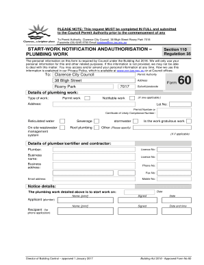 Fillable Online Start Work Notification and Authorisation -Plumbing ...