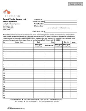 Fillable Online citynationalplaza Tenant Vendor Access List Fax Email ...