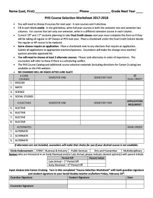 Fillable Online PHS Course Selection Worksheet 2017-2018 - Prosper ISD ...