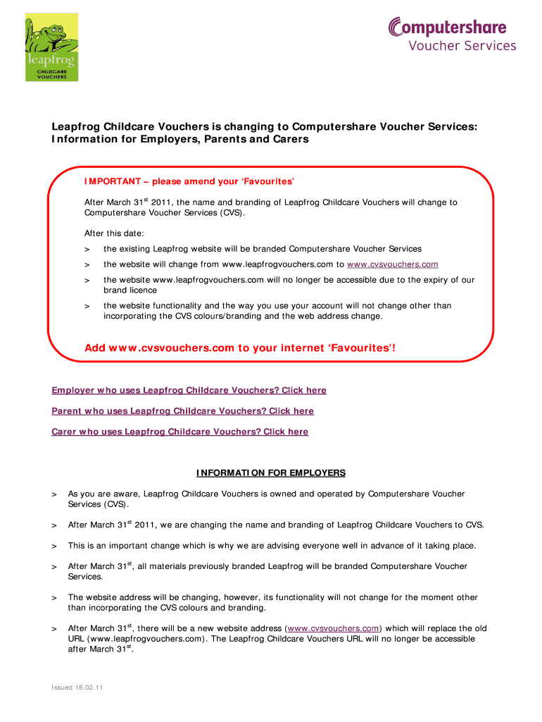 Fillable Online Leapfrog Childcare Vouchers is changing to Computershare Voucher Services: Fax ...