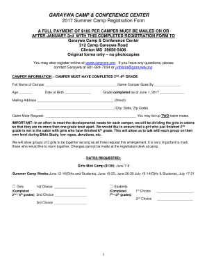 Fillable Online Summer Camp Registration PDF - Garaywa Camp and ...