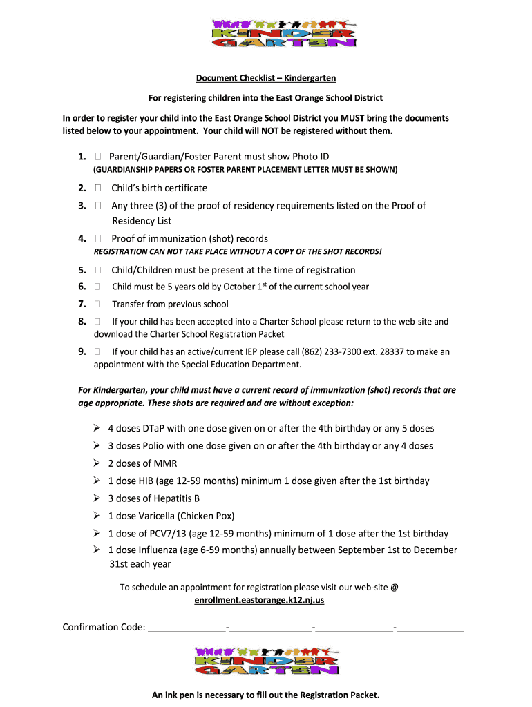 Fillable Online Document Checklist Kindergarten Fax Email Print - pdfFiller