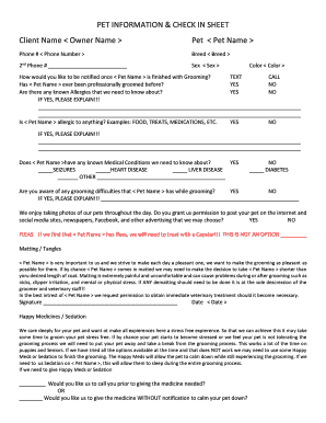 Fillable Online PET INFORMATION & CHECK IN SHEET Client Name Owner ...