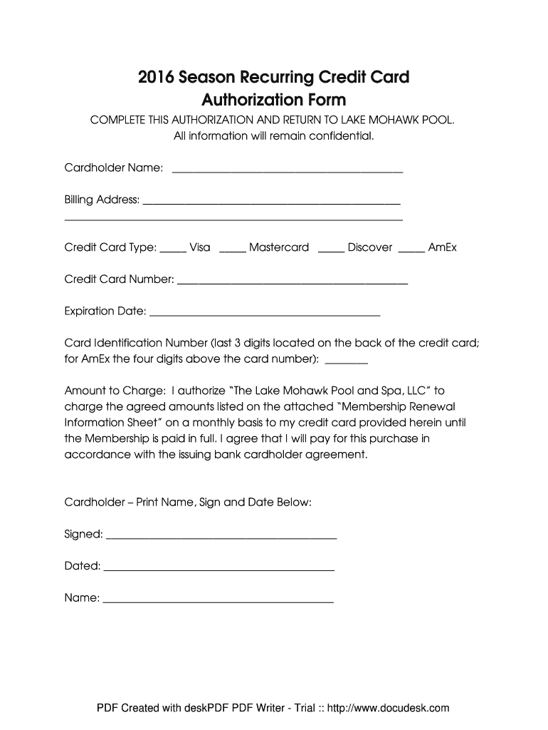 Fillable Online Recurring Credit Card Authorization Form 2016 - Lake ...