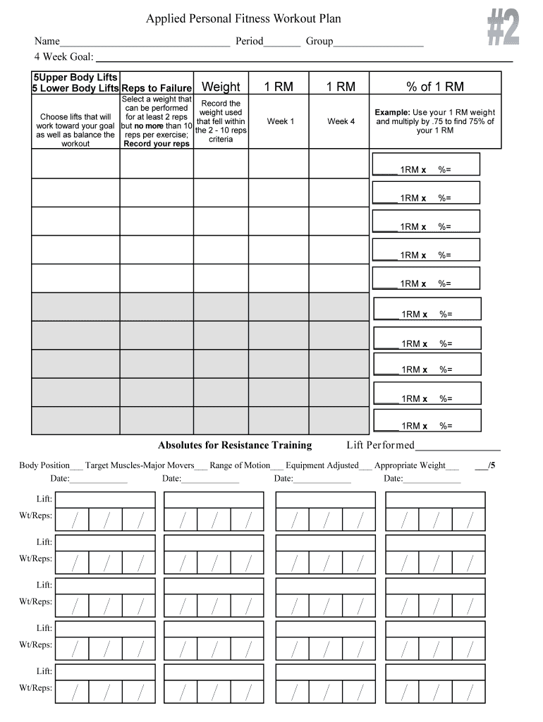 Fillable Online Applied Personal Fitness Workout Plan 1 RM 1 RM % of 1 ...