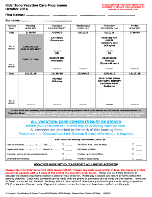 Fillable Online Kids Zone Vacation Care Programme PLEASE RETURN THIS ...