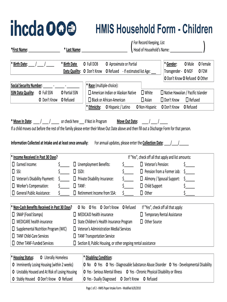 Fillable Online HMIS Household Form - Children 060910 - IN.gov Fax ...