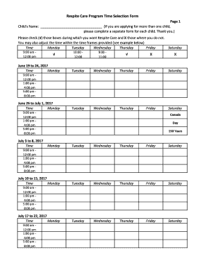 Fillable Online Respite Care Program Time Selection Form Fax Email ...