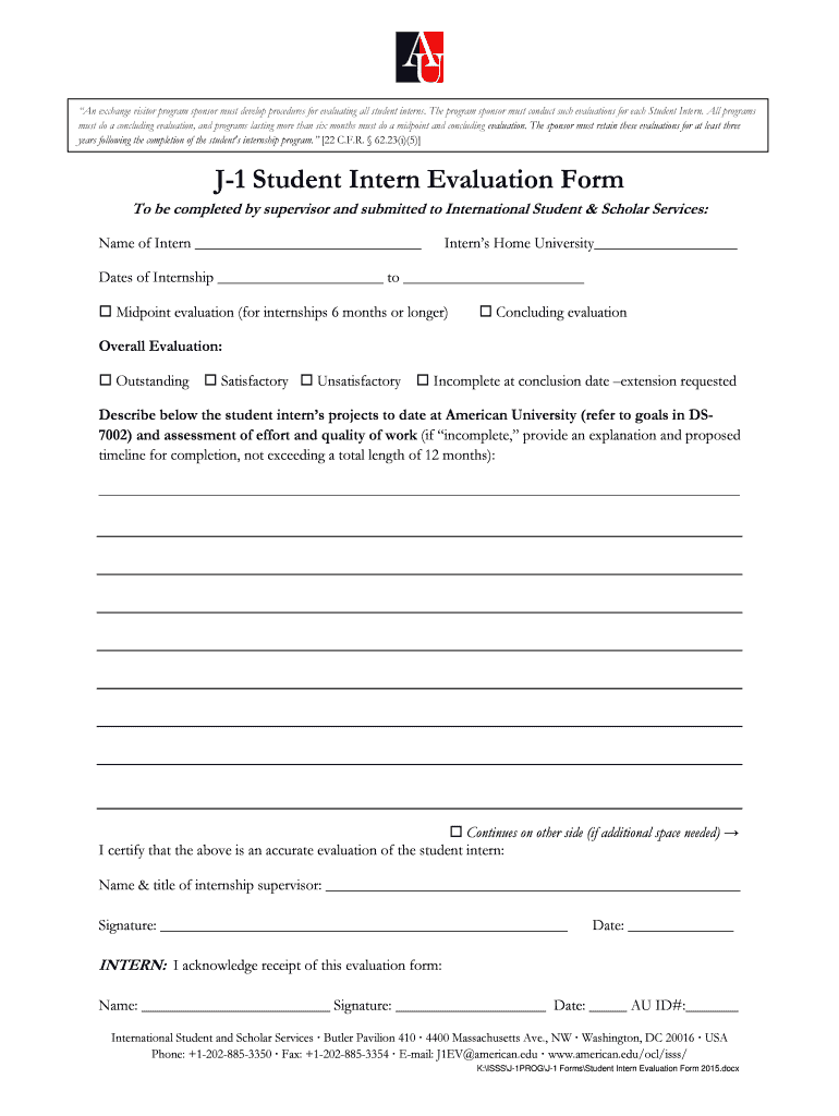 Fillable Online J-1 Student Intern Evaluation Form - American ...
