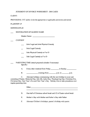 Fillable Online JUDGMENT OF DIVORCE WORKSHEET - DM CASES Fax Email ...