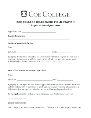 Fillable Online Wlderness Field Station Signatures - Coe College Fax Email Print - pdfFiller