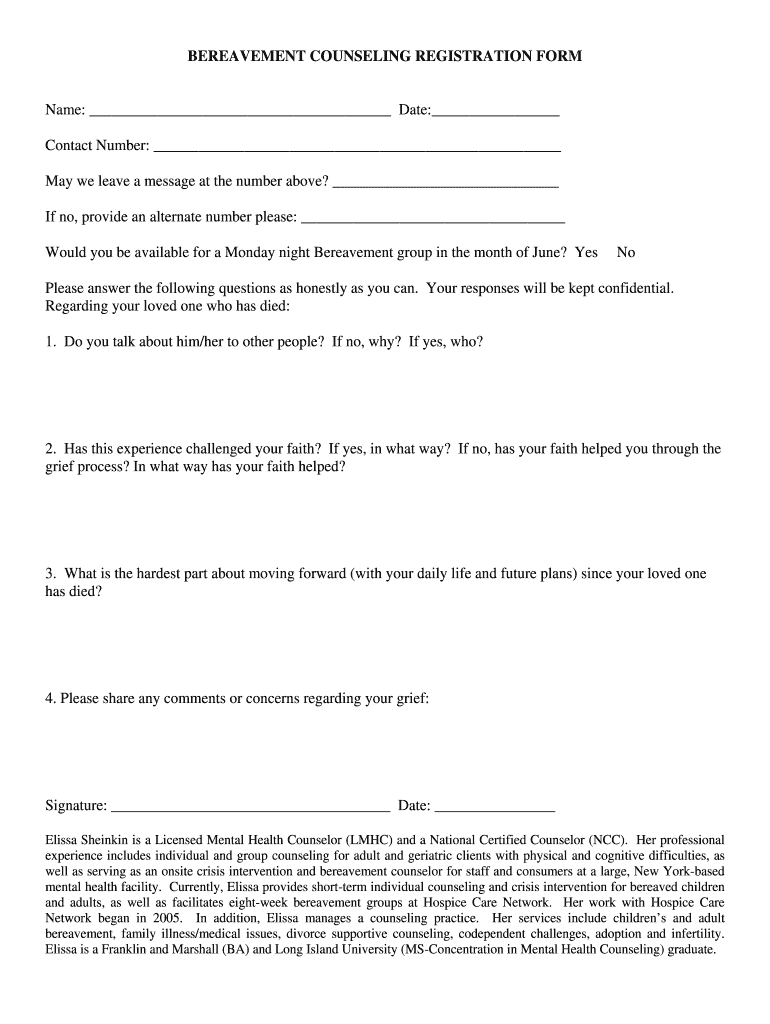 Fillable Online BEREAVEMENT COUNSELING REGISTRATION FORM Name ... Fax ...