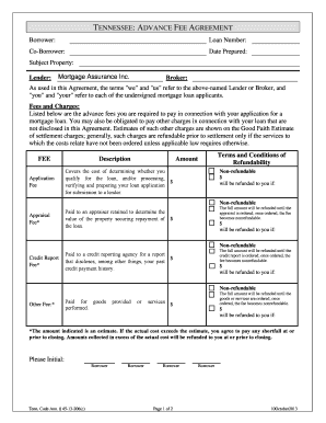 Fillable Online tennessee: advance fee agreement - Mortgage Assurance ...