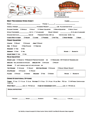 Fillable Online Beef Processing Work Sheet: Front Quarter - Pelkins ...