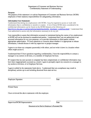 Fillable Online DCBS Confidentiality Statement of Understanding - State ...