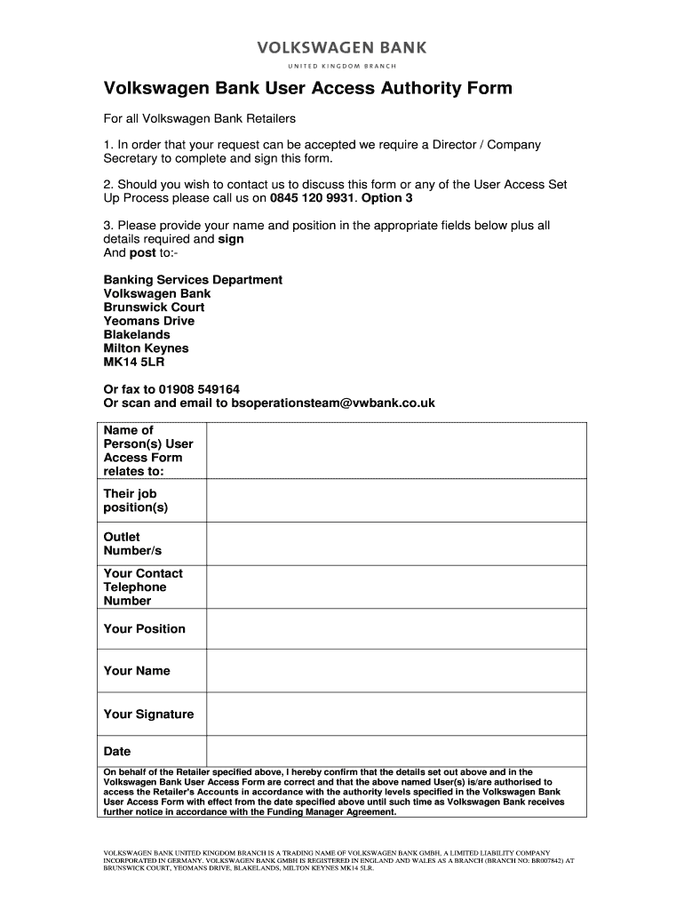 Fillable Online Volkswagen Bank User Access Form - Banking Accounts Fax ...