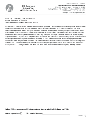 Fillable Online ESL Department Refusal/Waiver of ESL Services Form School Office ... Fax Email ...